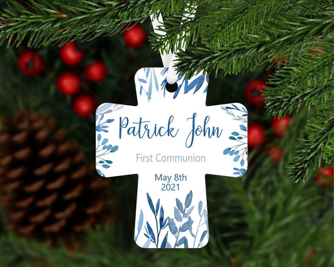 First Communion Christmas Ornament - Blue Foliage Personalized Keepsake ...