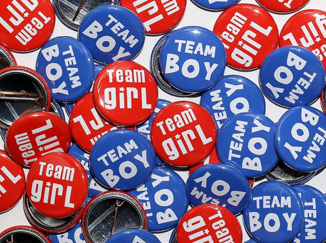 50 Baby Shower 1" Pinbacks - Team Girl Team Boy - Red Royal BOLD ...