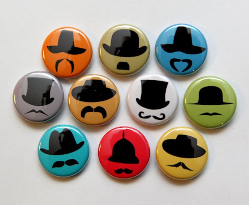 Hats and Mustaches Set of 10 - Pinback Buttons Badges 1 Inch ...