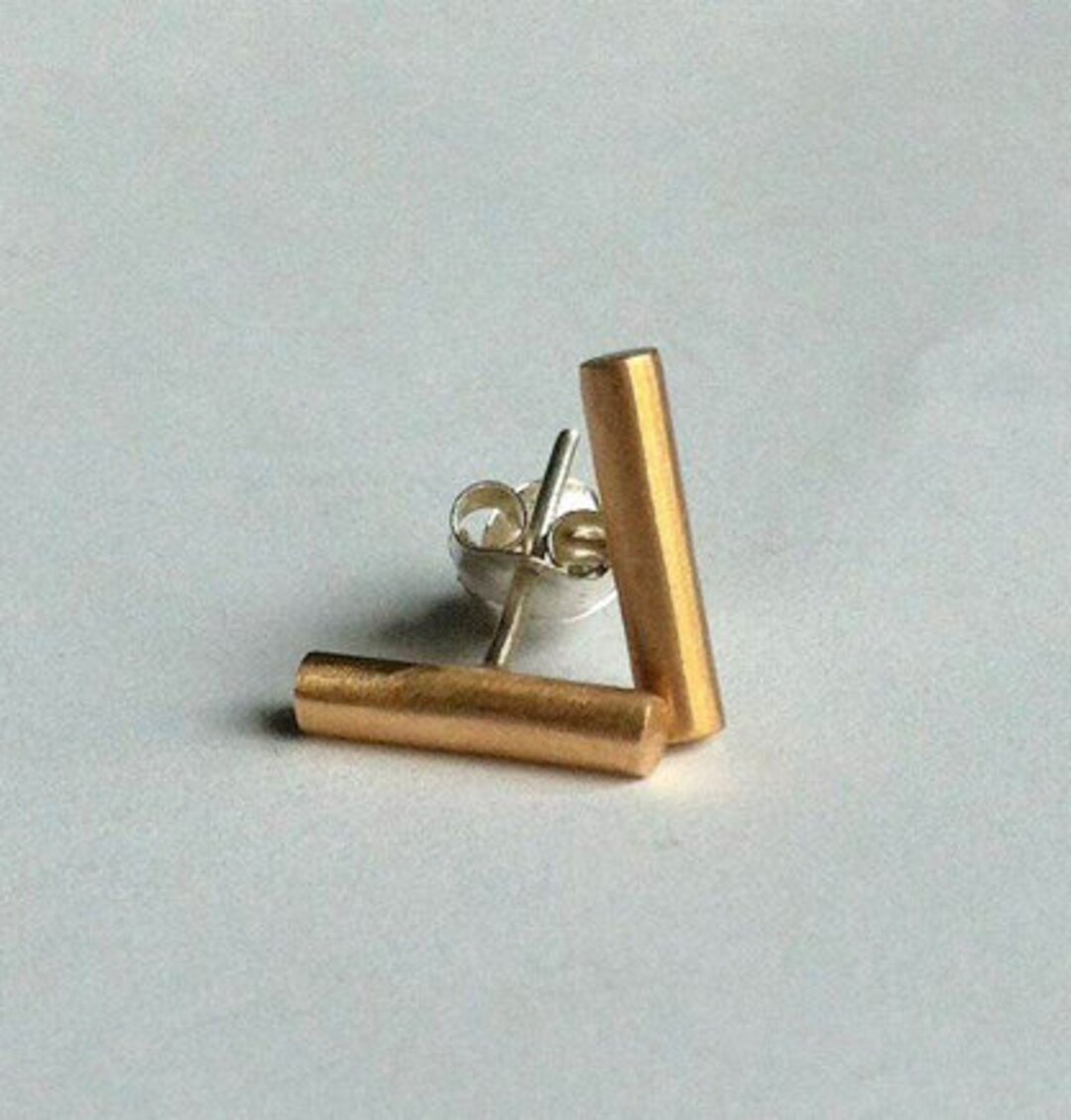 Simple 11mm Gold Colored Bar Stud Earring Brass Round Bar Stud Earrings ...