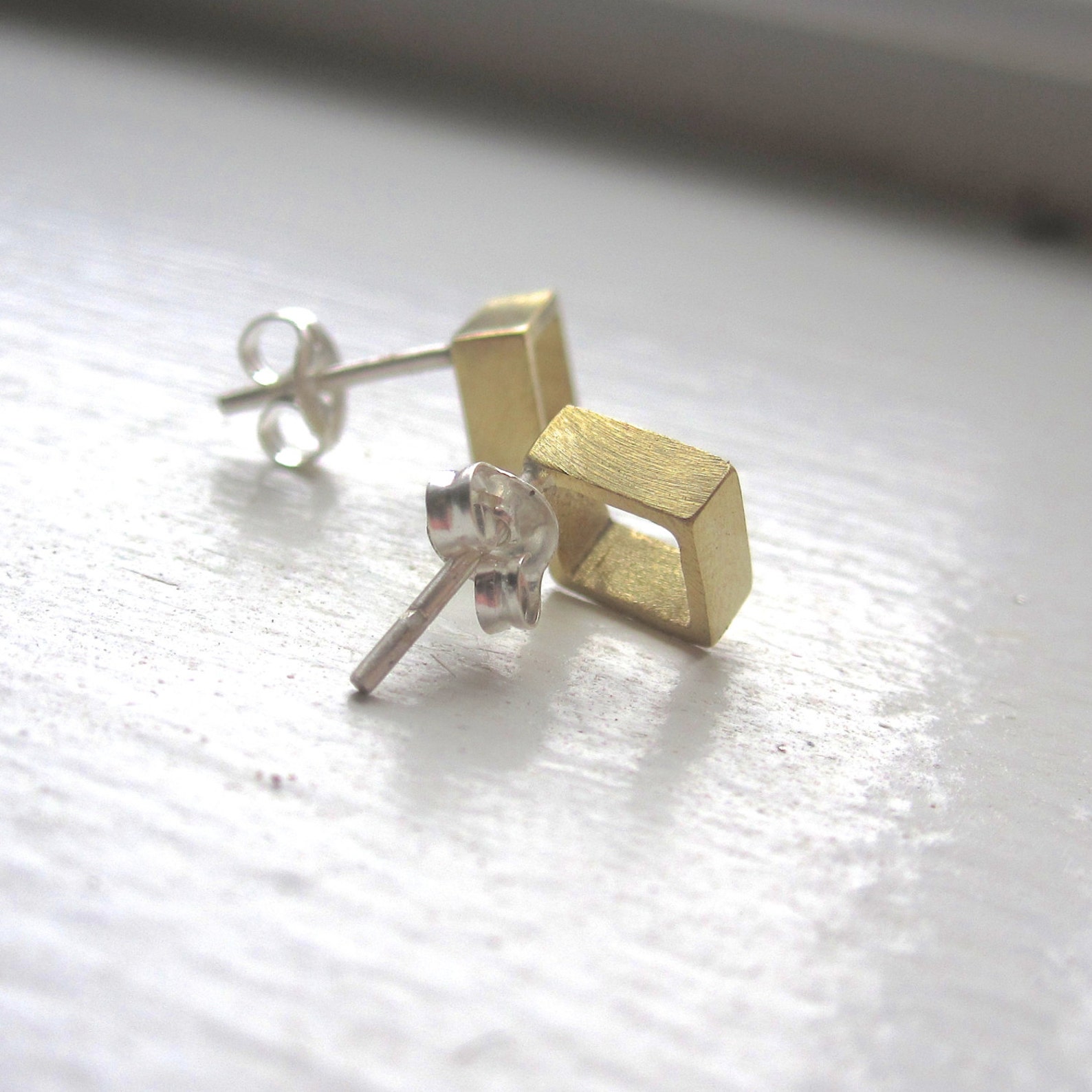 Open Gold Colored Brass Cube Earrings Square Stud Earring - Etsy