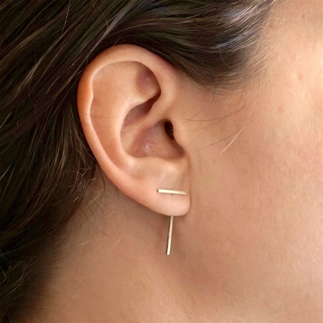 14K Gold Offset Staple Line Ear Jacket Stud Set Jacket Pair Mix and ...