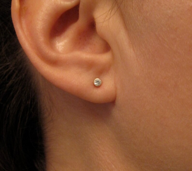14k Gold 2.5mm CZ Earring Silver Tube Setting Gemstone Tiny - Etsy