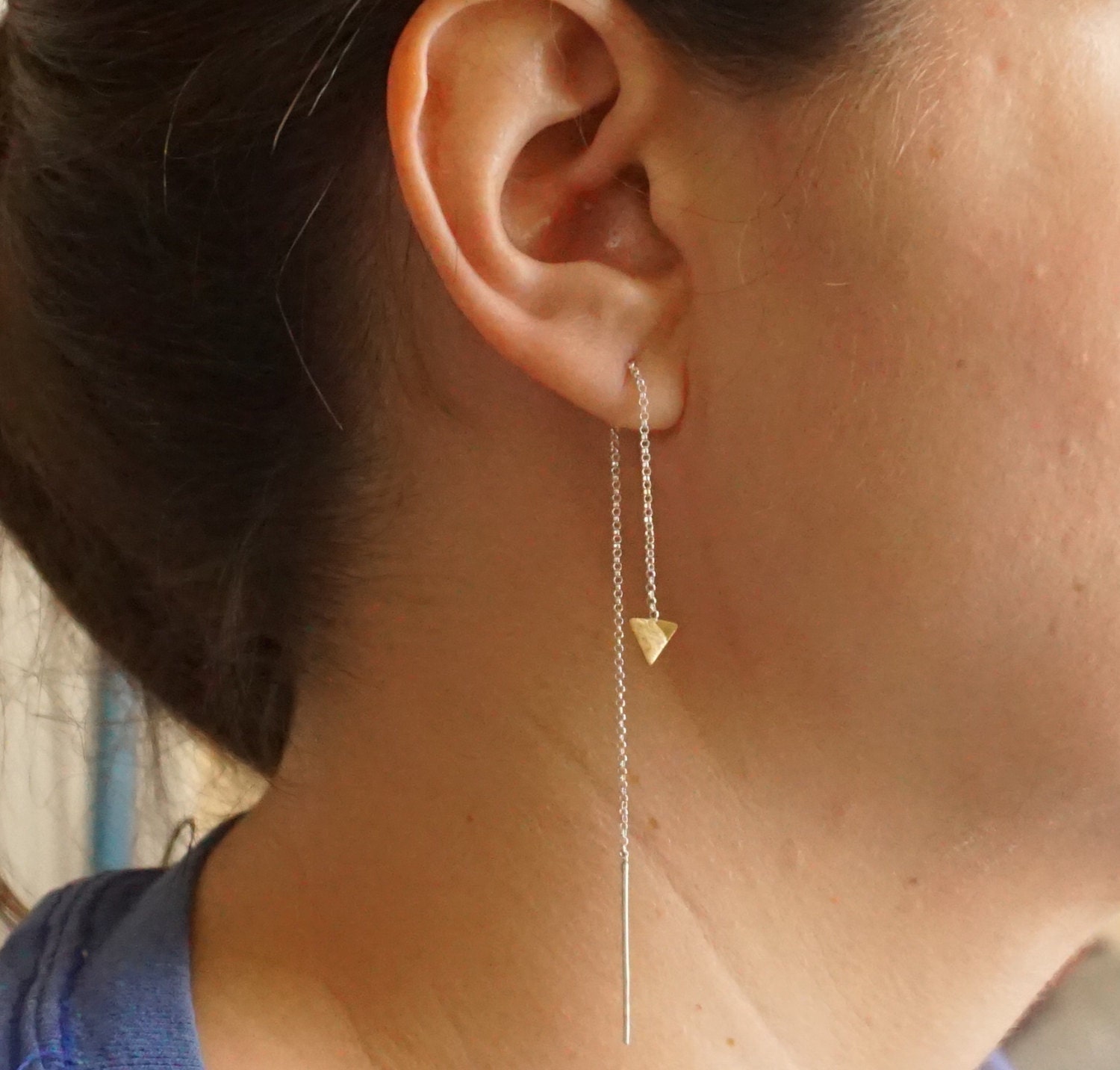 Triangle chain Ear Threader Long Dangle Jewelry Sterling | Etsy