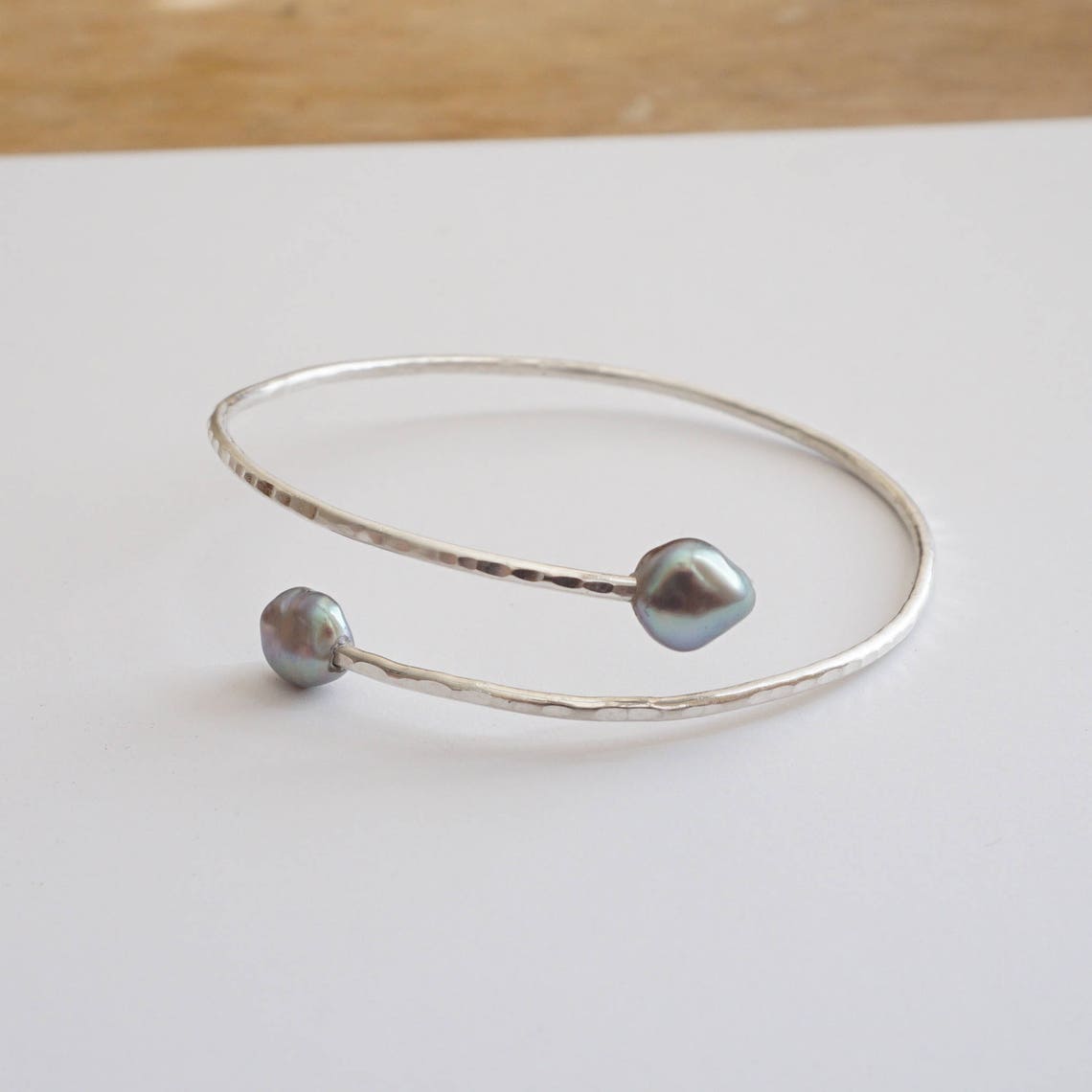 Double Pearl 2mm Hammer Bangle Bracelet White or Light Grey - Etsy