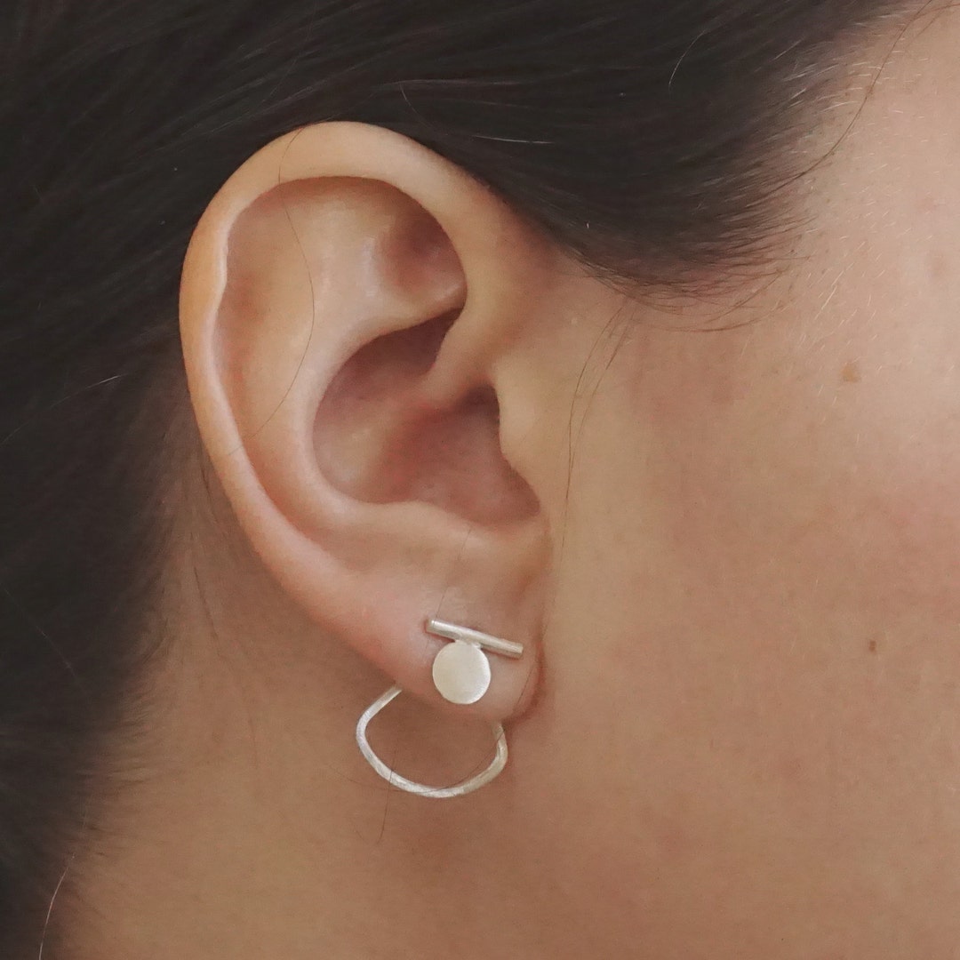 Half Circle Ear Jacket,sterling Silver Bar & Flat Circle Stud Earring ...