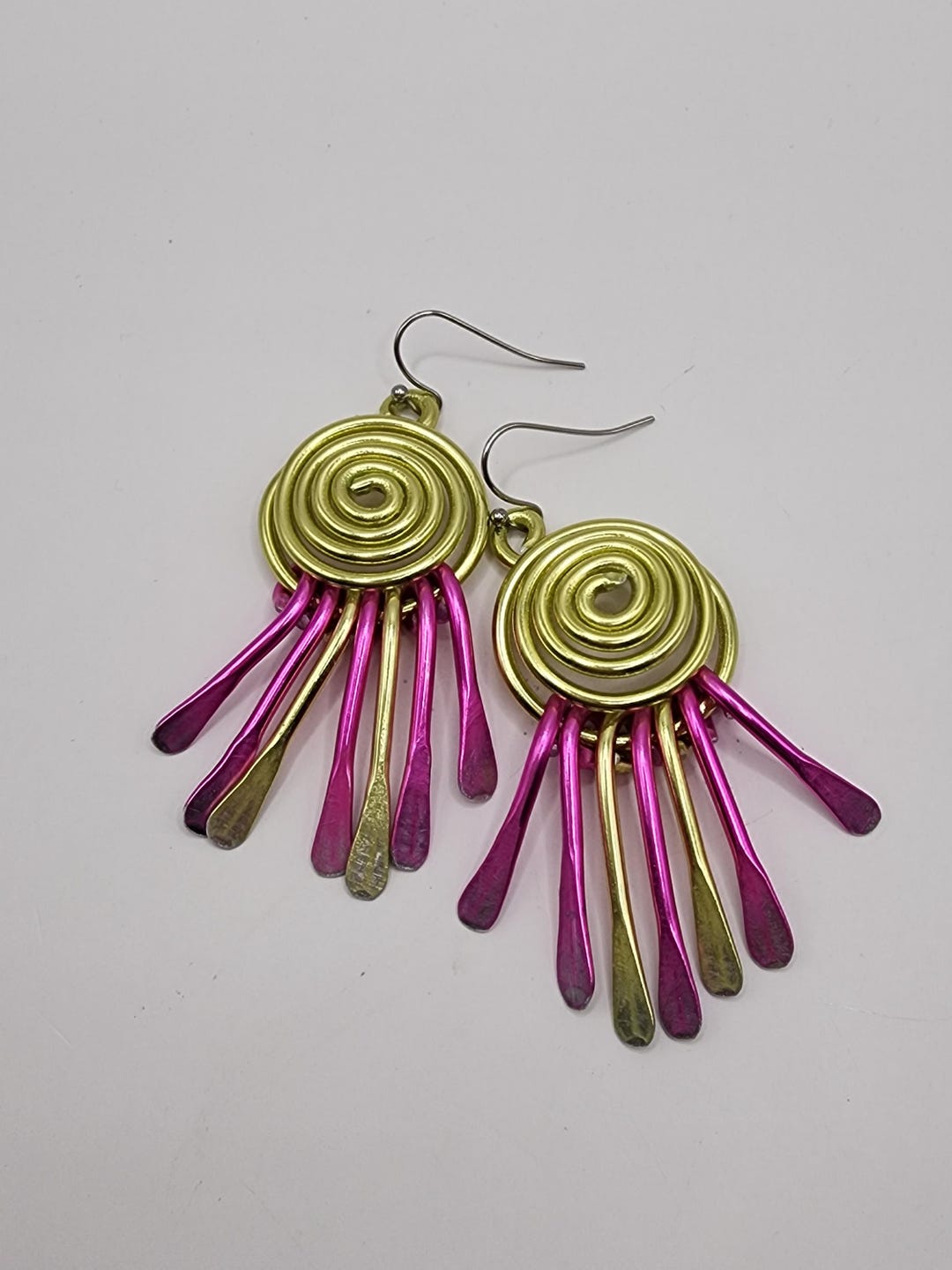 Heavenly Lime Green Hot Pink Fuchsia Spiral Tassel Wind Chime Earrings ...