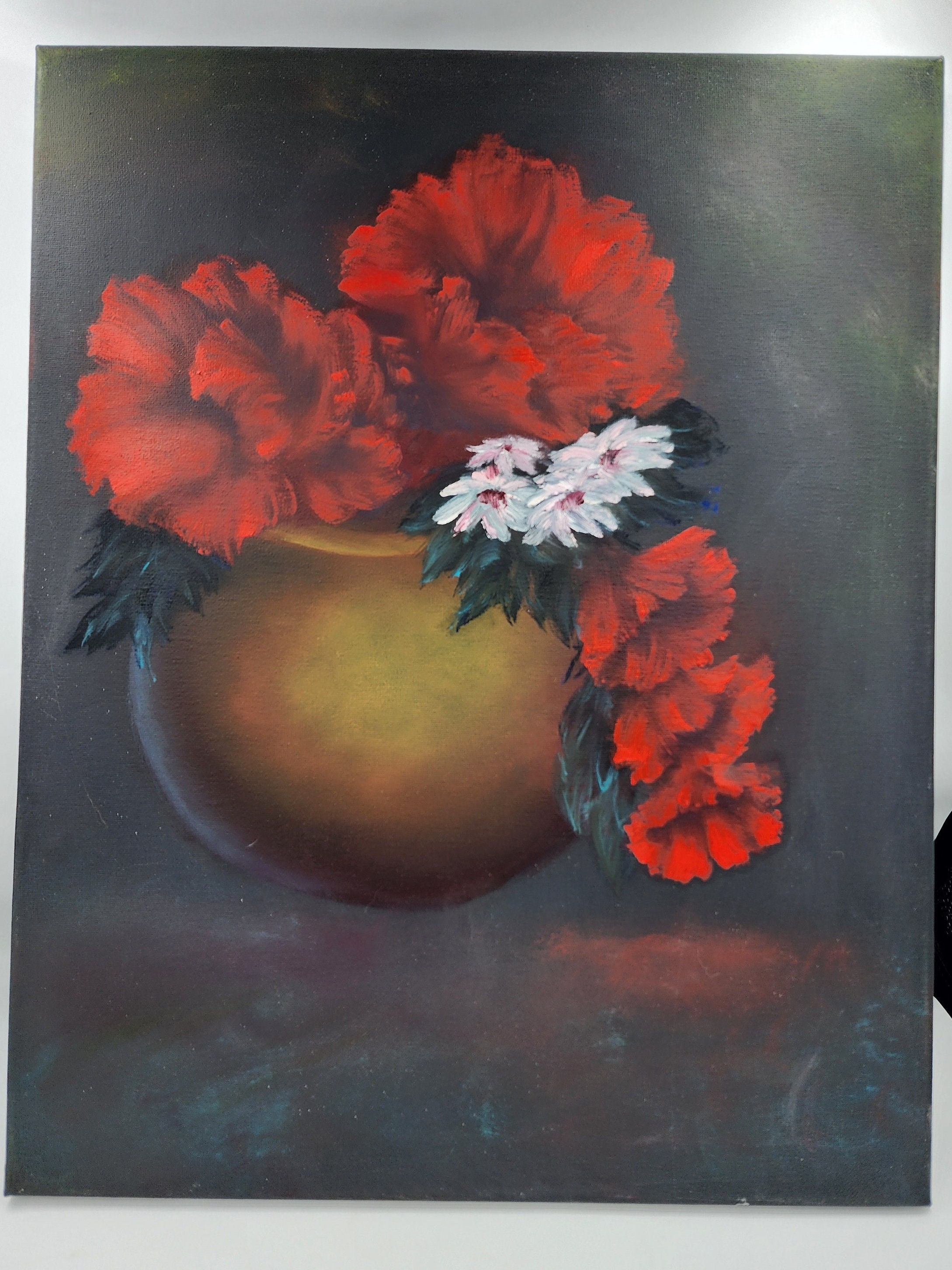 Bob Ross Style Red Flower Vase Bouquet Night Posies Poppies Daisies ...