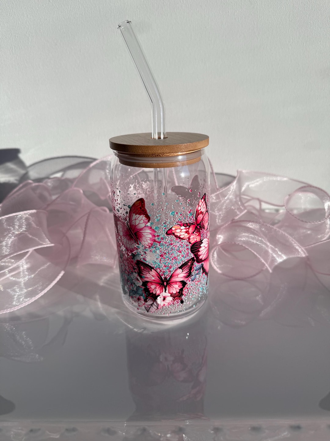 Butterfly Floral Glass Iced Coffee Cup: 16oz Tumbler With Bamboo Lid ...