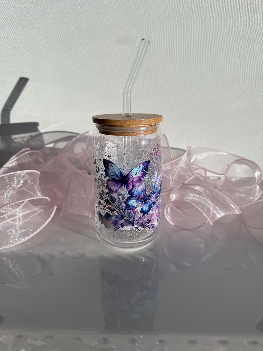 Butterfly Glass Iced Coffee Cup: 16oz Tumbler With Bamboo Lid & Glass ...
