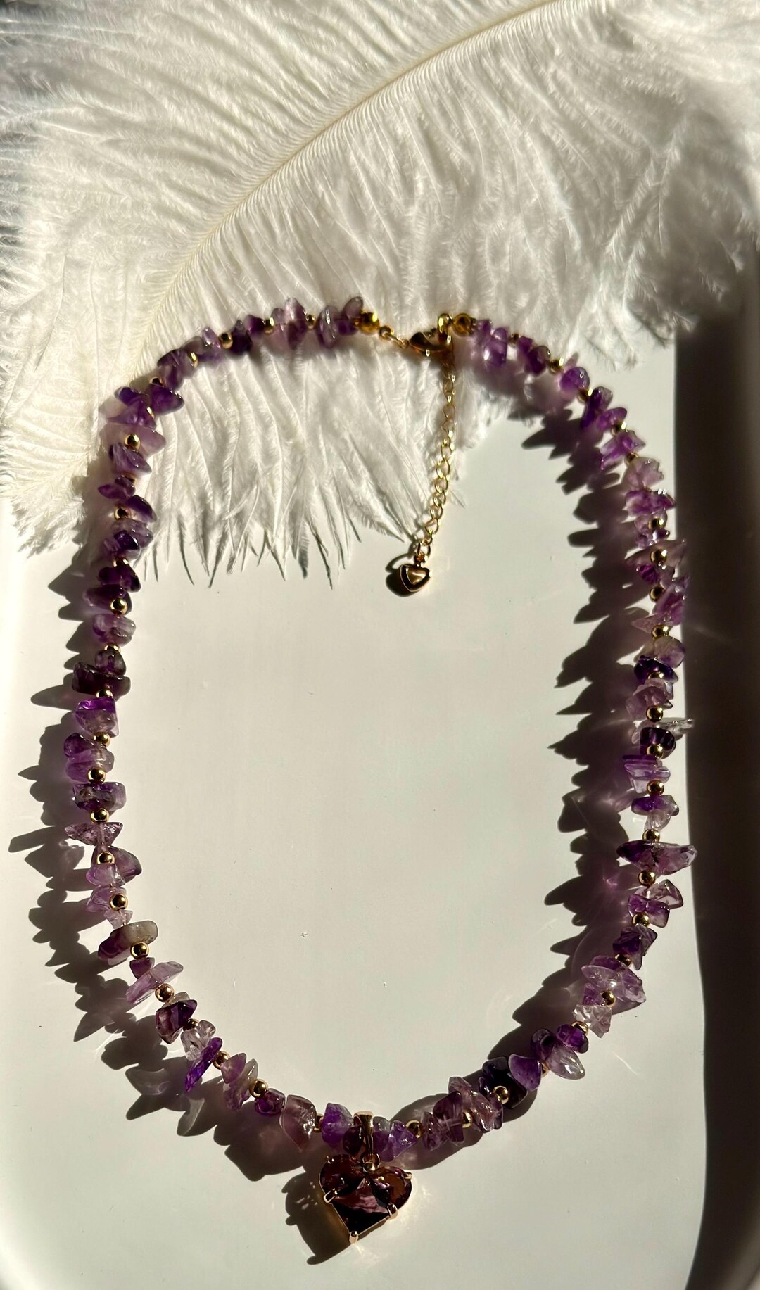 Raw Amethyst Chip and Crystal Heart Choker, Amethyst Heart Necklace, Handmade Gemstone Necklace ...