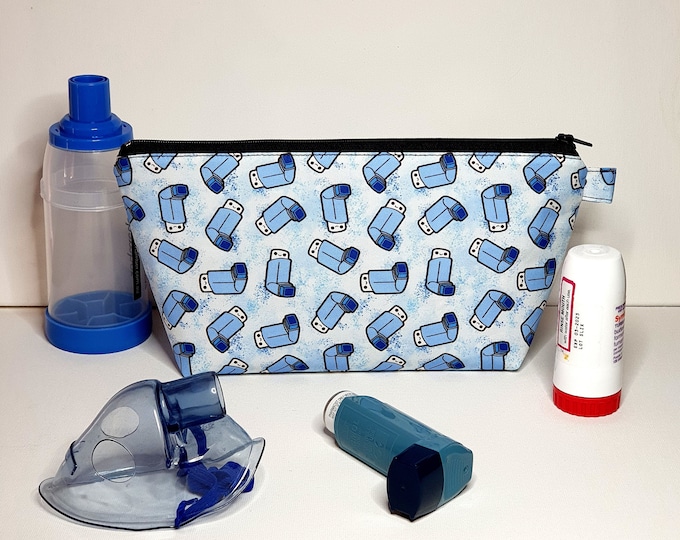 EXTRA LARGE Pouch in Blue Asthma Puffer Inhaler Fabric TINY Scale Print ...