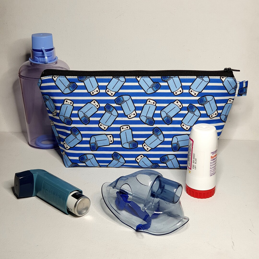 EXTRA LARGE Pouch in Blue Striped Asthma Puffer Inhaler Fabric - MINI ...