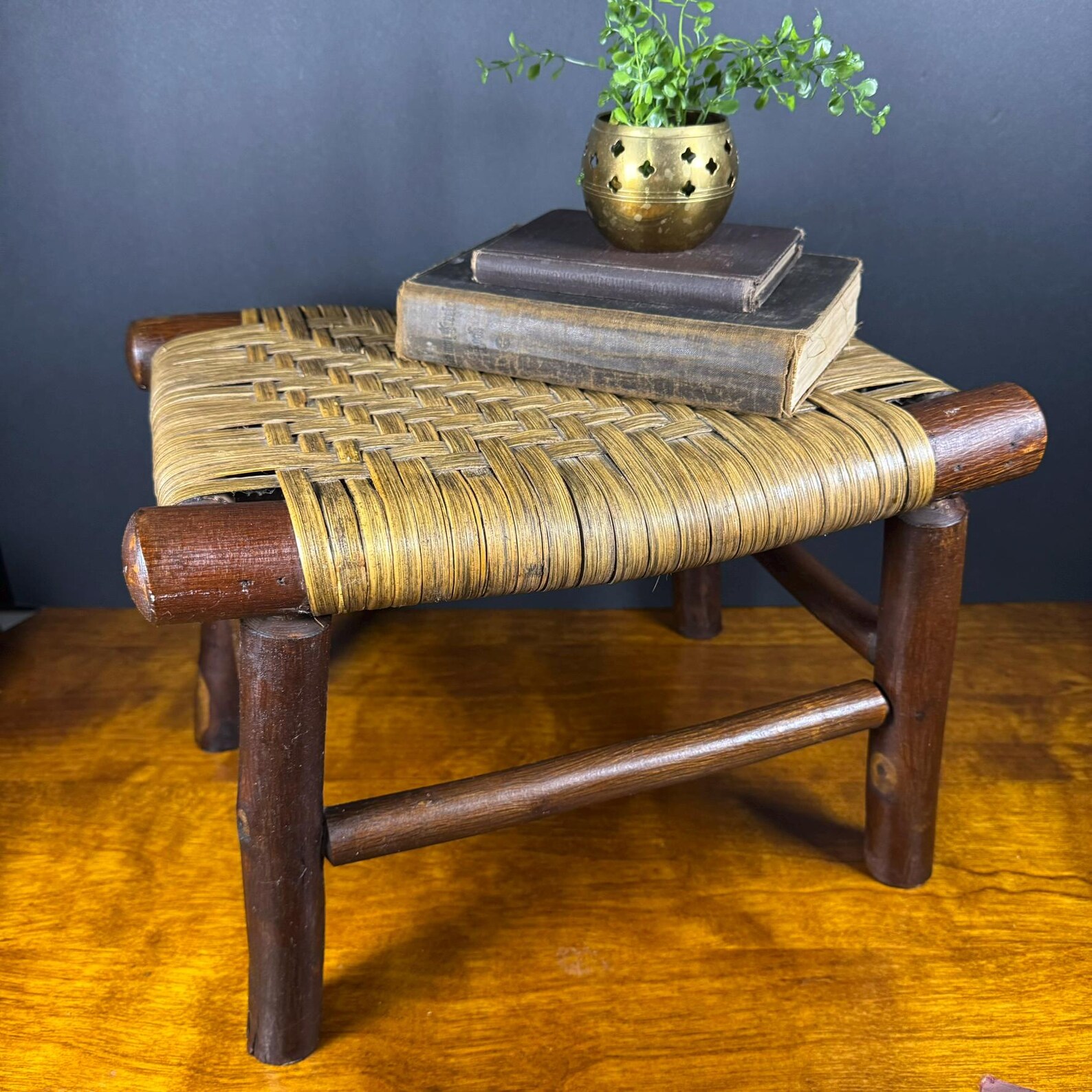 Vintage Rustic Woven Stool With Hickory Post and Rung Frame / Primitive ...