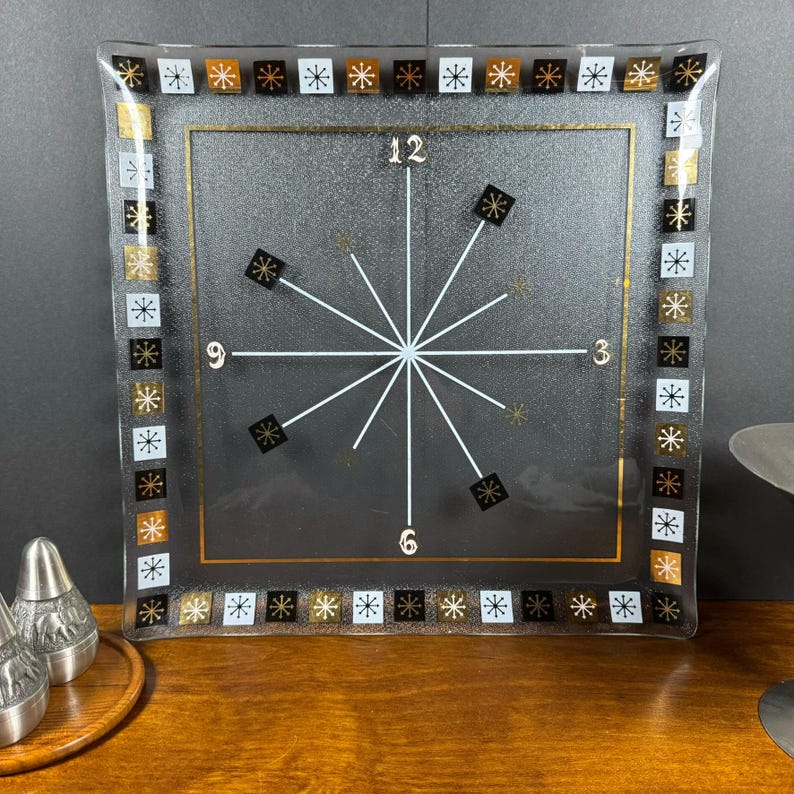 Vintage MCM Atomic Starburst Square Glass Tray, 1960s Around the Clock ...
