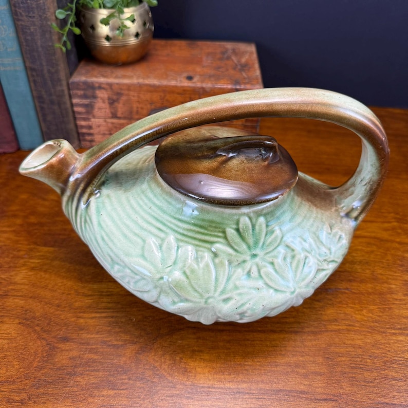 Vintage Mccoy Pottery Daisy Teapot – 1940s Green & Brown Embossed ...