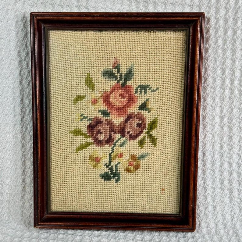 Vintage Framed Floral Needlepoint Wall Art / Vintage Needlework ...