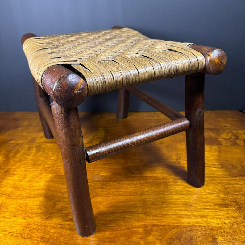 Vintage Rustic Woven Stool With Hickory Post and Rung Frame / Primitive ...