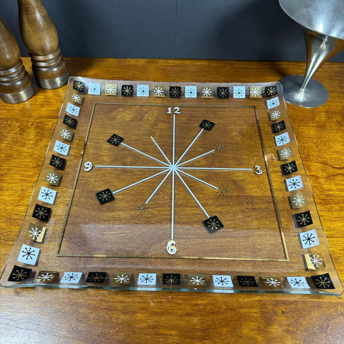 Vintage MCM Atomic Starburst Square Glass Tray, 1960s Around the Clock ...