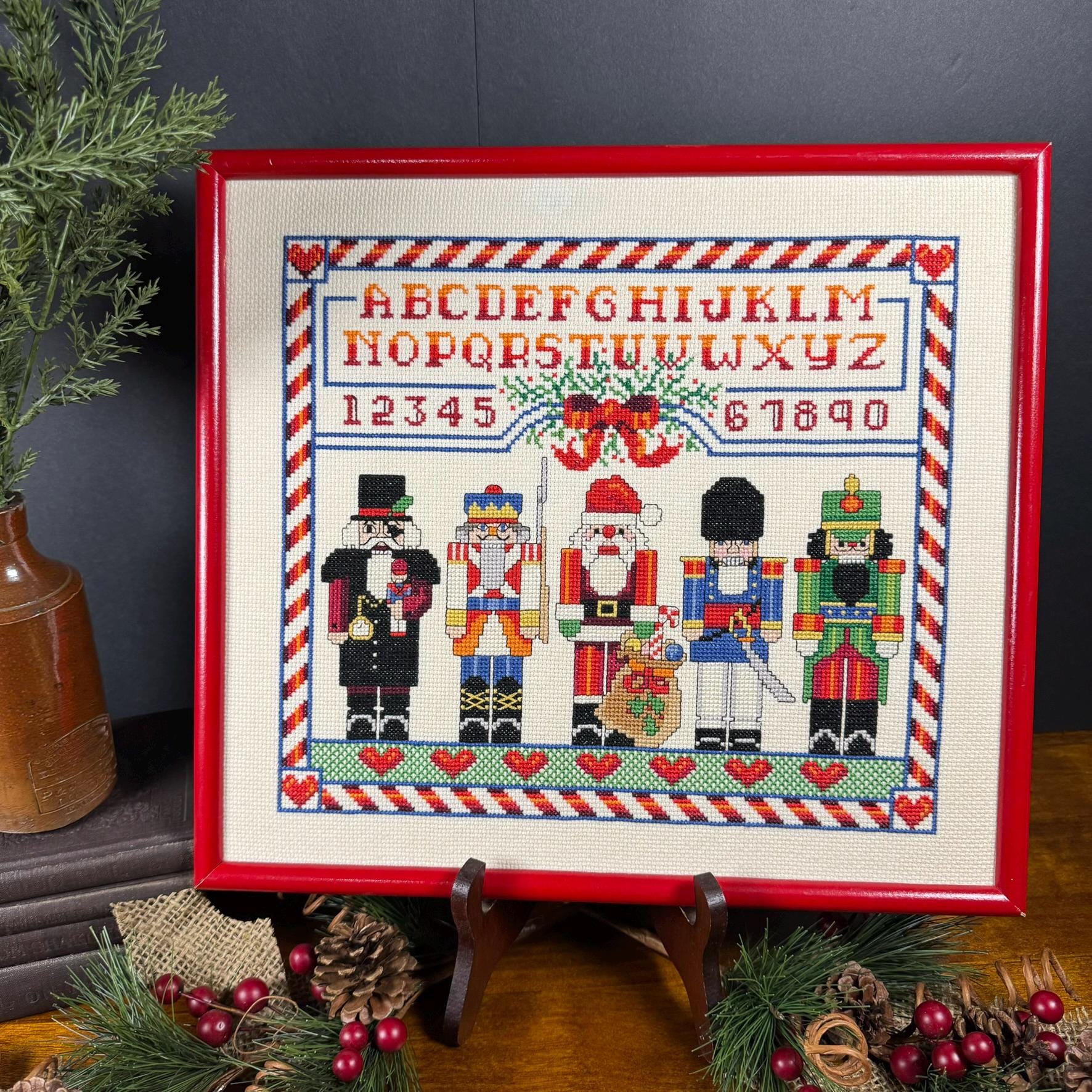 Vintage Christmas Cross Stitch Nutcrackers in Red Frame / Alphabet ...