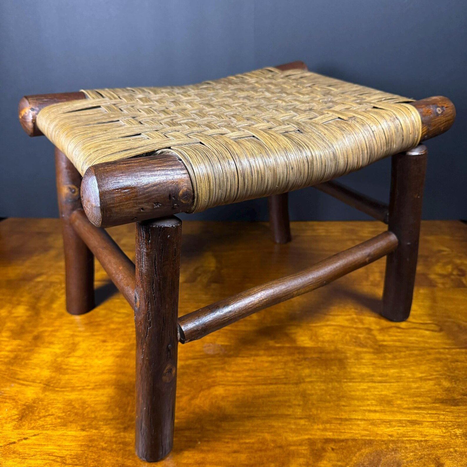 Vintage Rustic Woven Stool With Hickory Post and Rung Frame / Primitive ...
