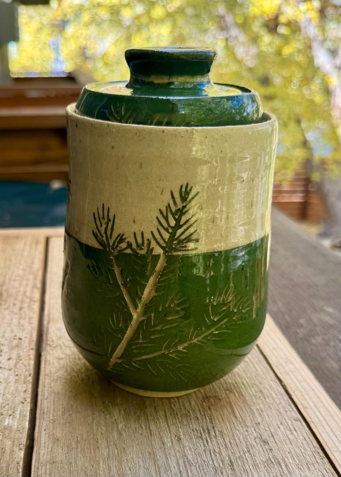 Green Carved Jar With Lid Fir Branch Motif - Etsy