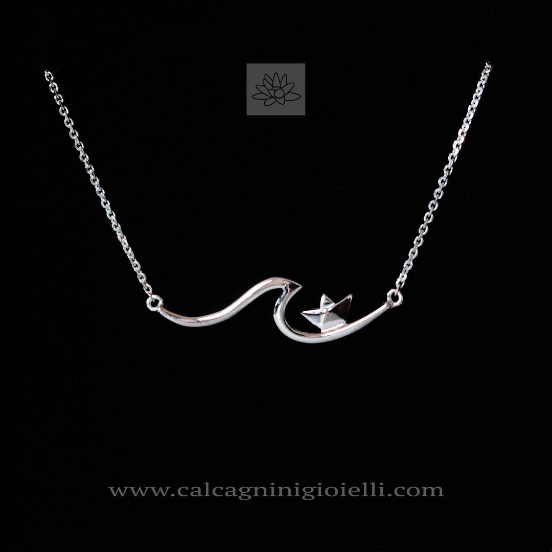 ROGUE WAVE - Necklace With Wave and Paper Boat - Sterling Silver Choker ...