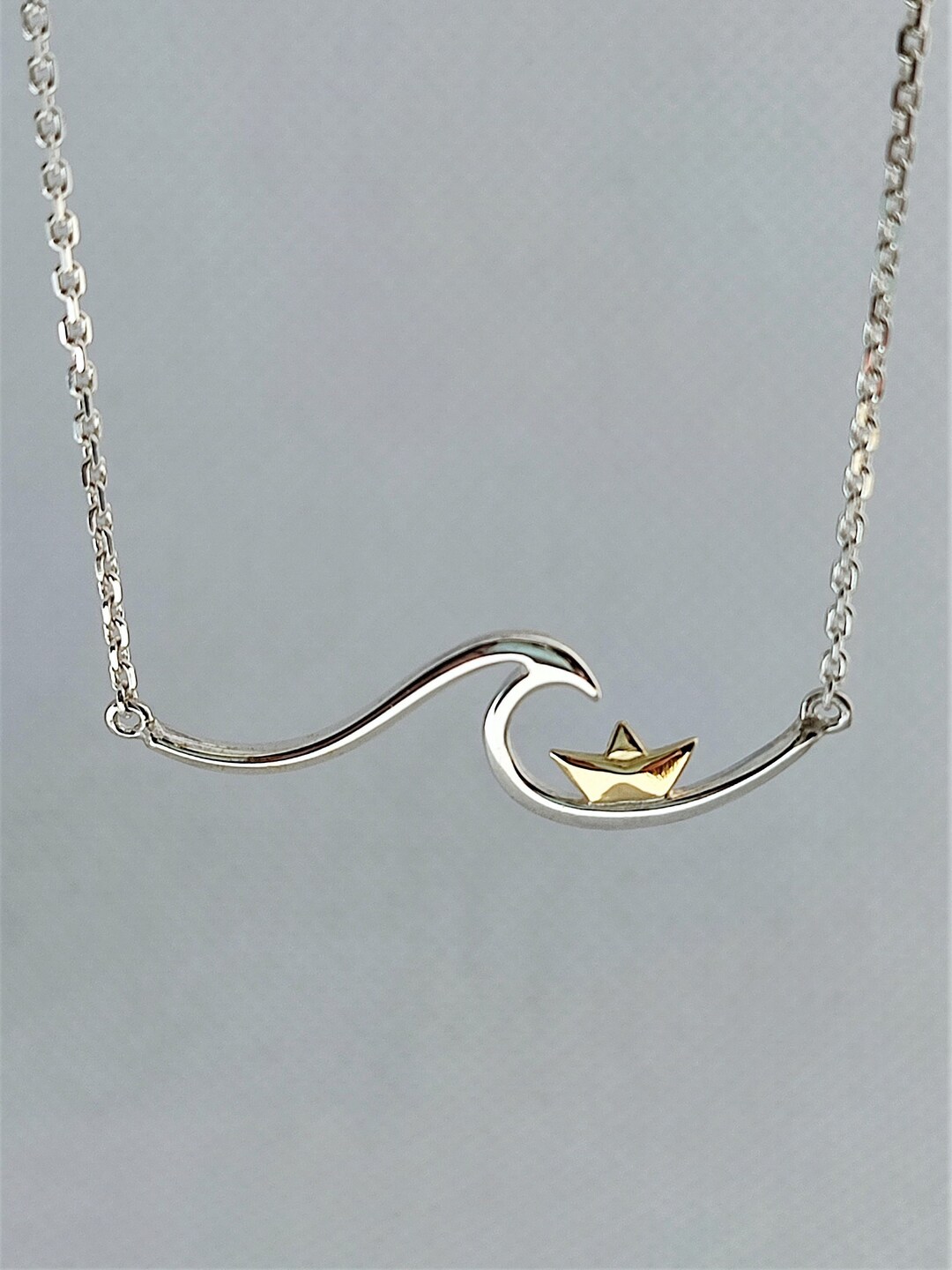 ROGUE WAVE Necklace With Wave in Sterling Silver and Paper Boat in 18 ...