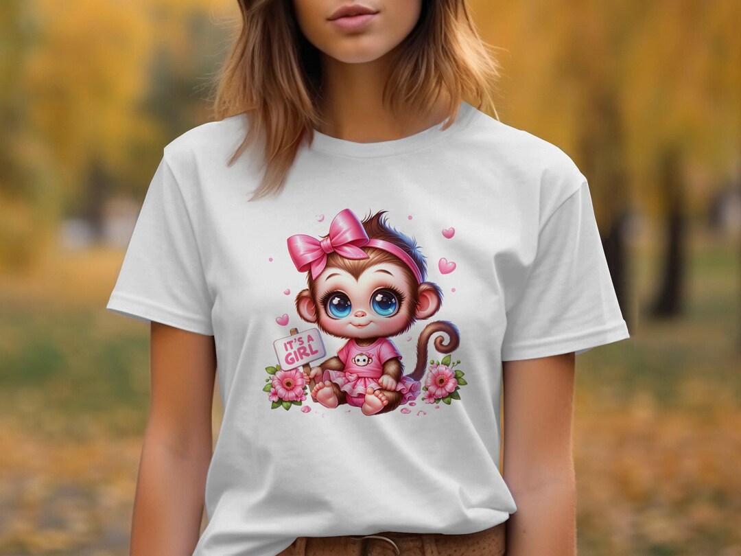 Cute Baby Monkey With Pink Bow It's A Girl Graphic T-shirt, Baby Shower ...