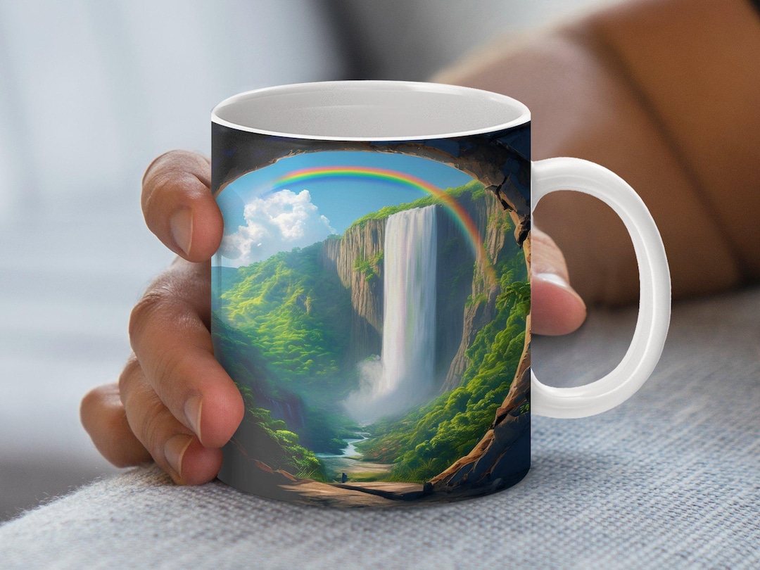 Stunning Waterfall Rainbow View Coffee Mug, Scenic Nature Wrap Mug ...