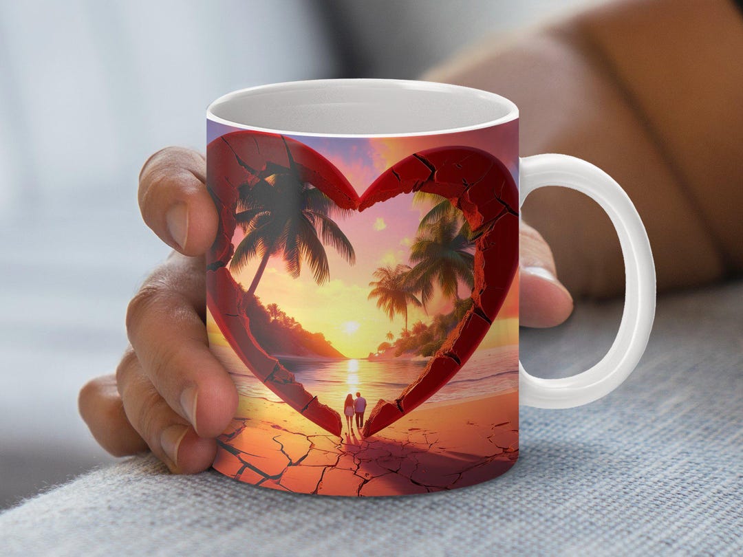 Romantic Sunset Beach Heart Mug Wrap Lovers Standing Coffee Mug 11oz ...