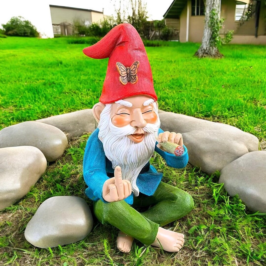 Funny Garden Gnome Smoking Statue – Middle Finger Yard Ornament ...