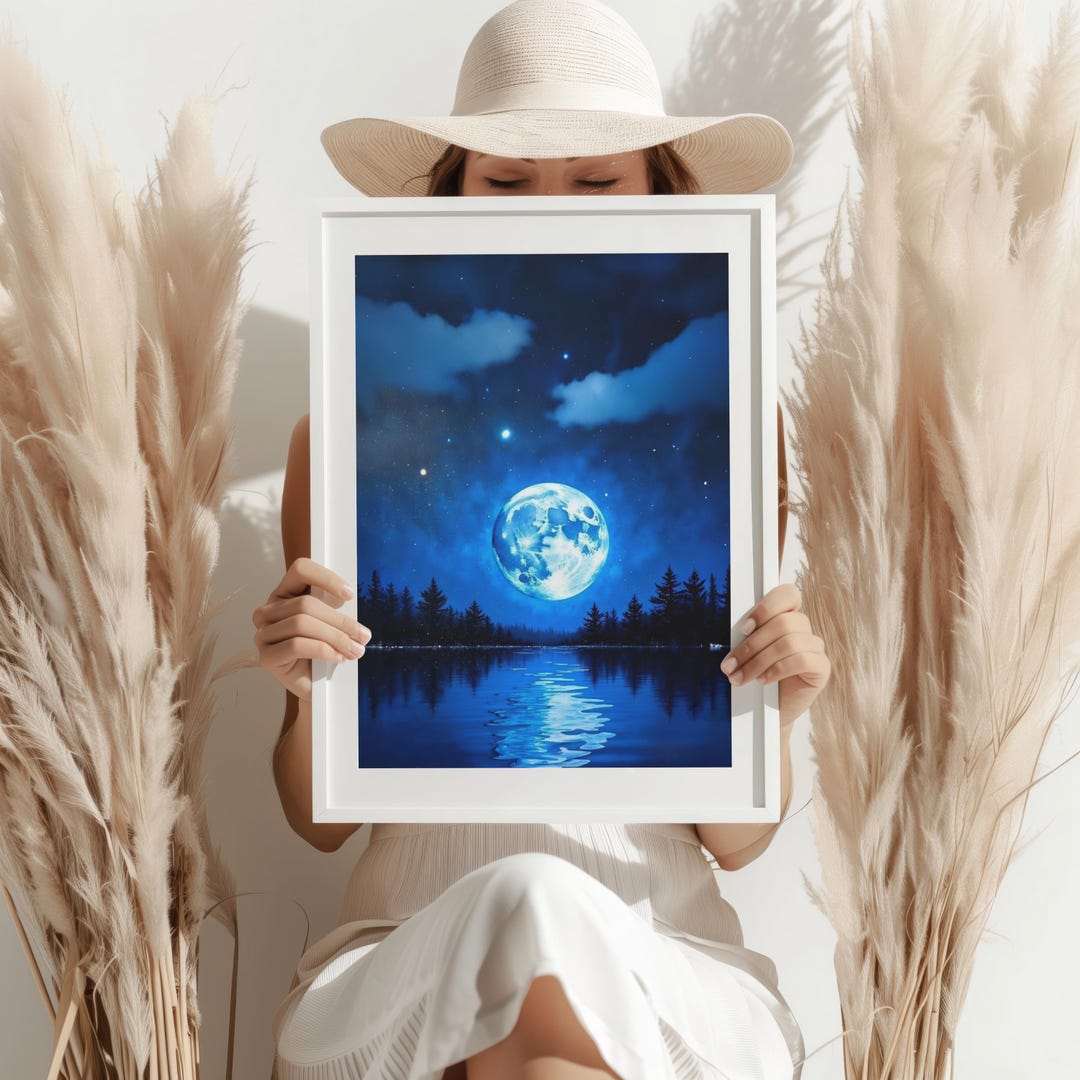 Blue Moon Wall Art Poster, 2, Vertical Moon Poster, Night Sky Print ...