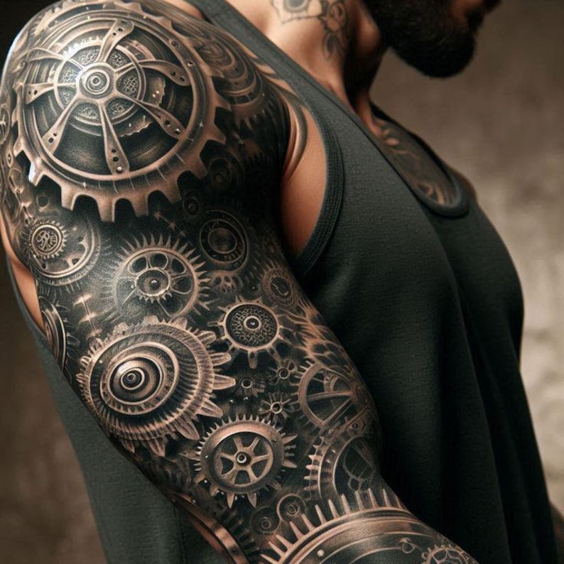 Steampunk Gear Sleeve Tattoo Design – Mechanical Arm Tattoo – Black ...