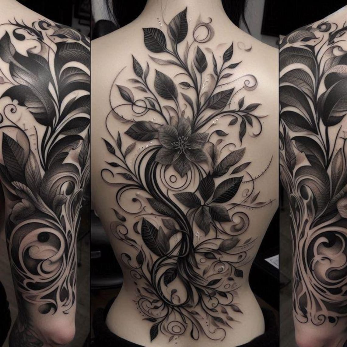 Blackwork Floral Back Tattoo Design | Ornamental Botanical Linework ...