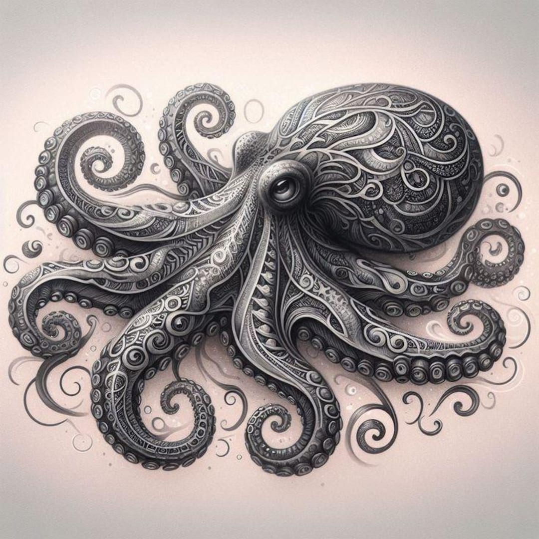 Ornamental Octopus Tattoo Design – Detailed Black & Grey Sea Creature ...