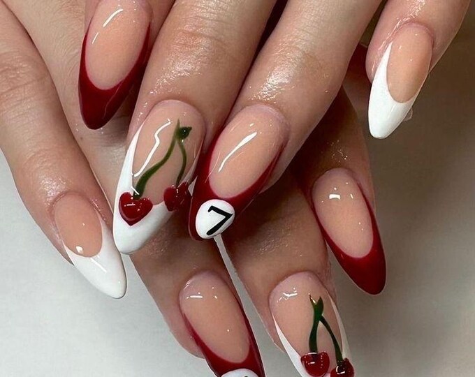 Pool Ball Design, 3d Cherry Nails, Almond Press on Nails, Valentine ...