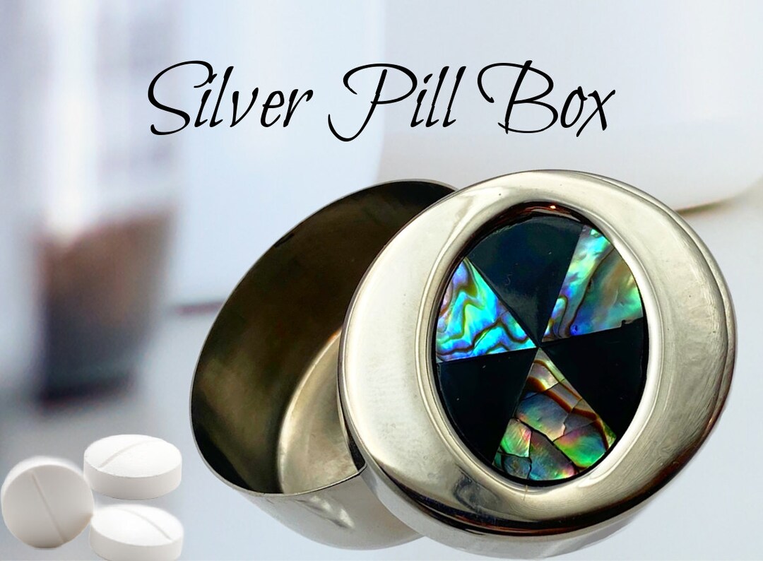 Silver Pill Box With Natural Shell Inlay, Elegant Medicine Holder and ...