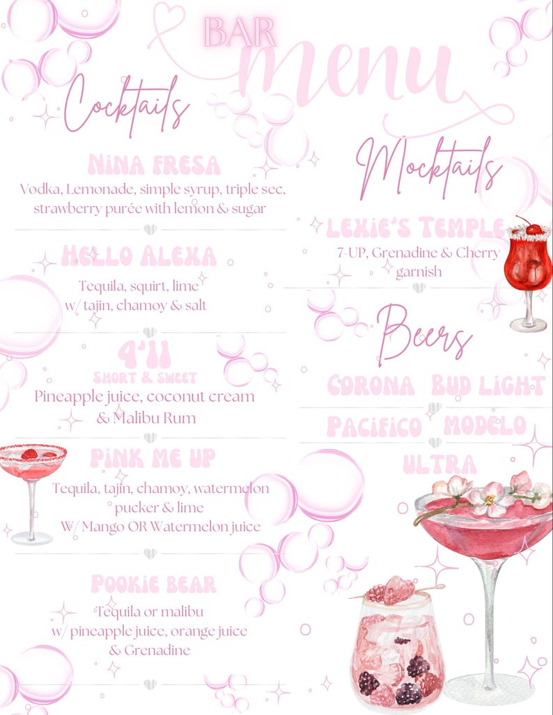 Pink Party Decor, Bar Menu, Quinceañera, Bubbly - Etsy