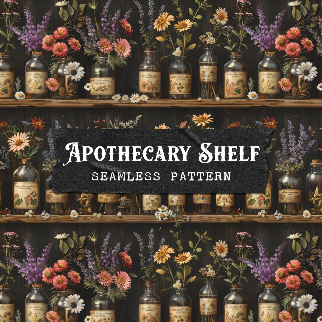 Vintage Apothecary Bottles & Wildflowers Printable Seamless Pattern ...