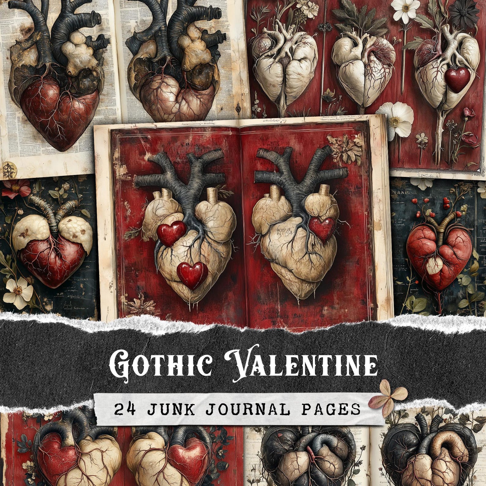 Gothic Valentine Junk Journal Pages: Antique Anatomical Heart Creepy ...