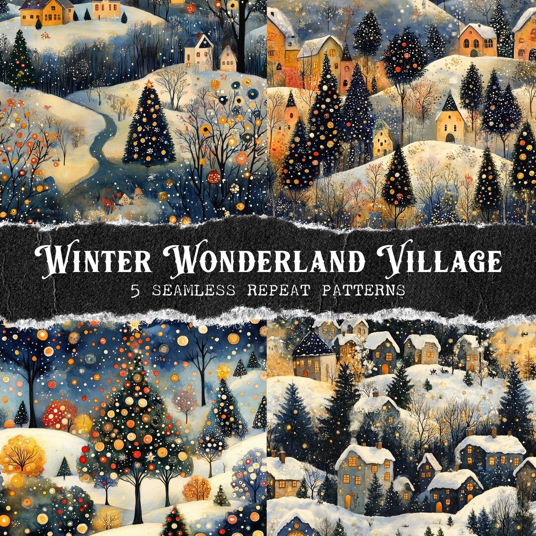 Winter Wonderland Village Seamless Patterns, Christmas Forest Printable ...
