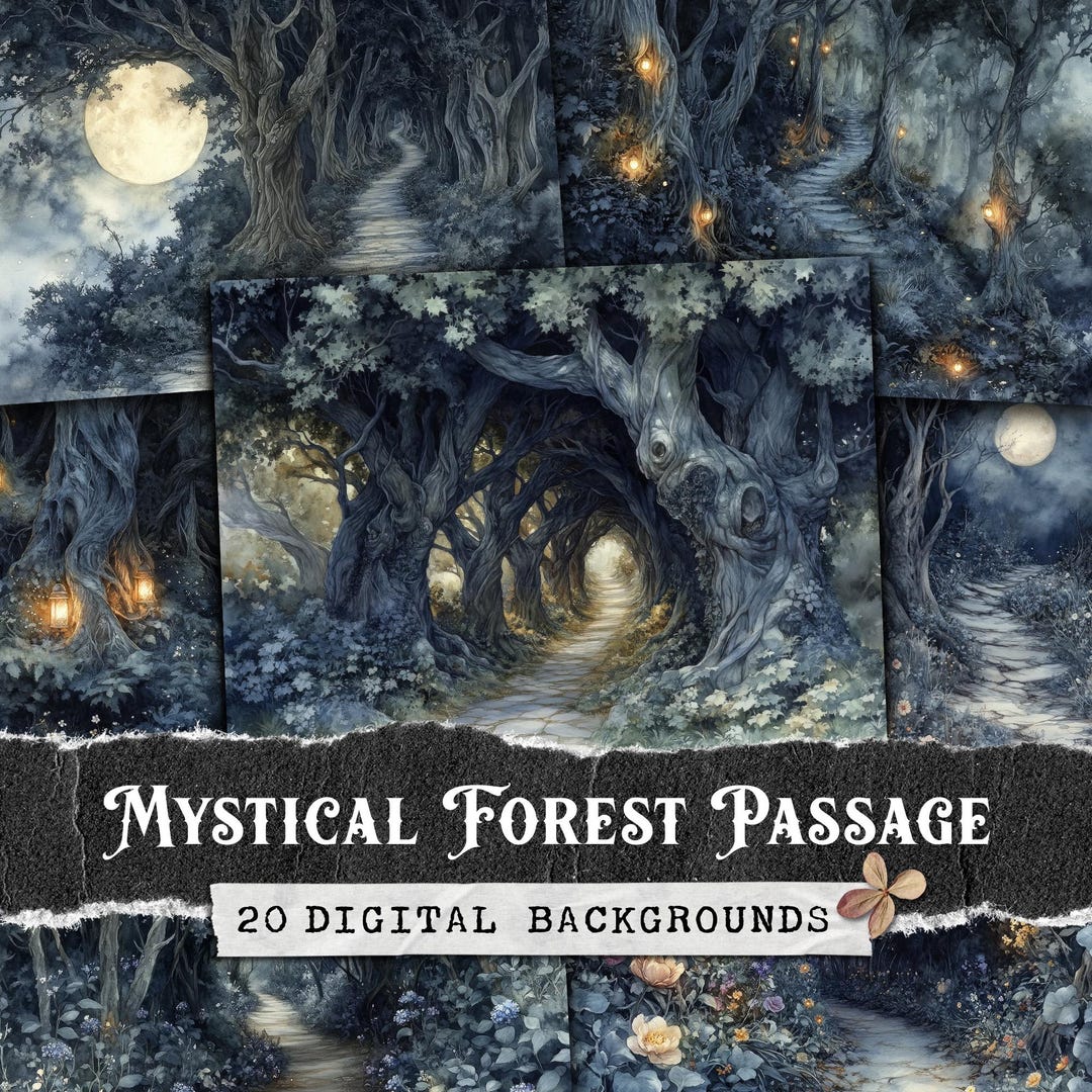 Mystical Forest Passage Digital Backgrounds, Fantasy Moonlit Trees ...