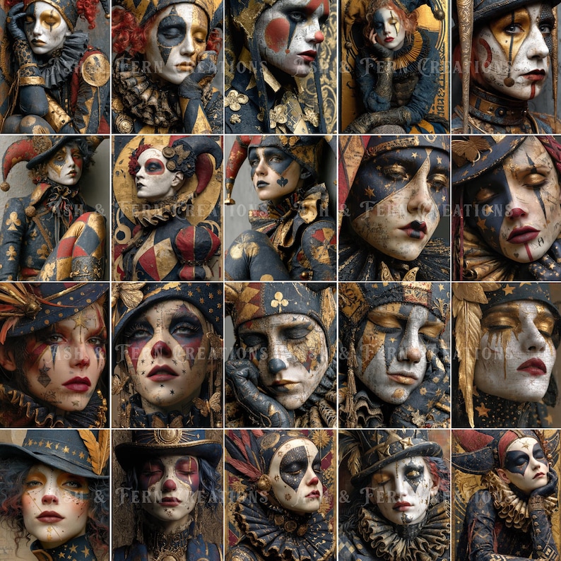 Dark Harlequin Jester Portrait Collage Sheet: Gothic Carnival Ephemera ...