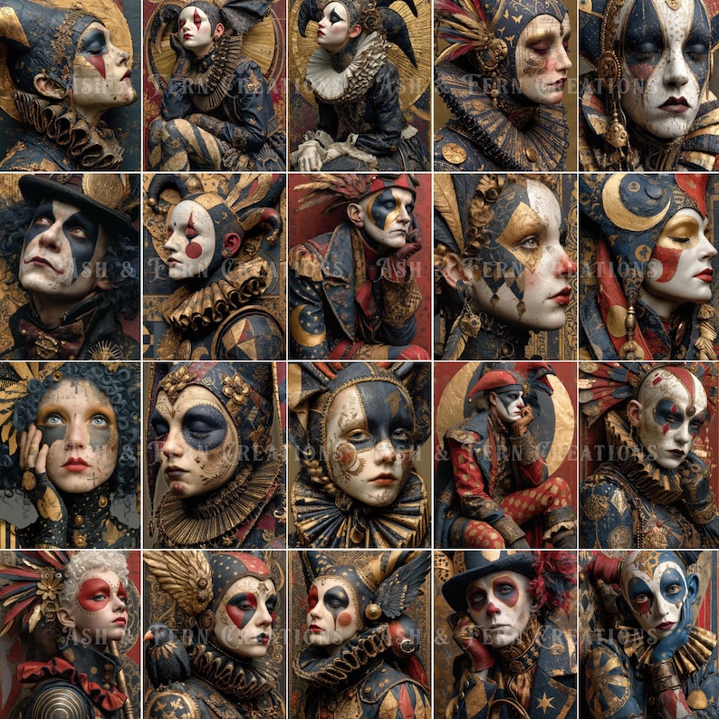 Dark Harlequin Jester Portrait Collage Sheet: Gothic Carnival Ephemera ...