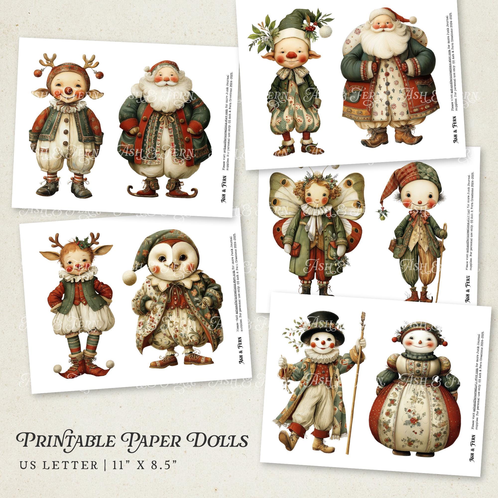 Christmas Paper Dolls Printable Santa Snowman Fairy Reindeer Ephemera ...