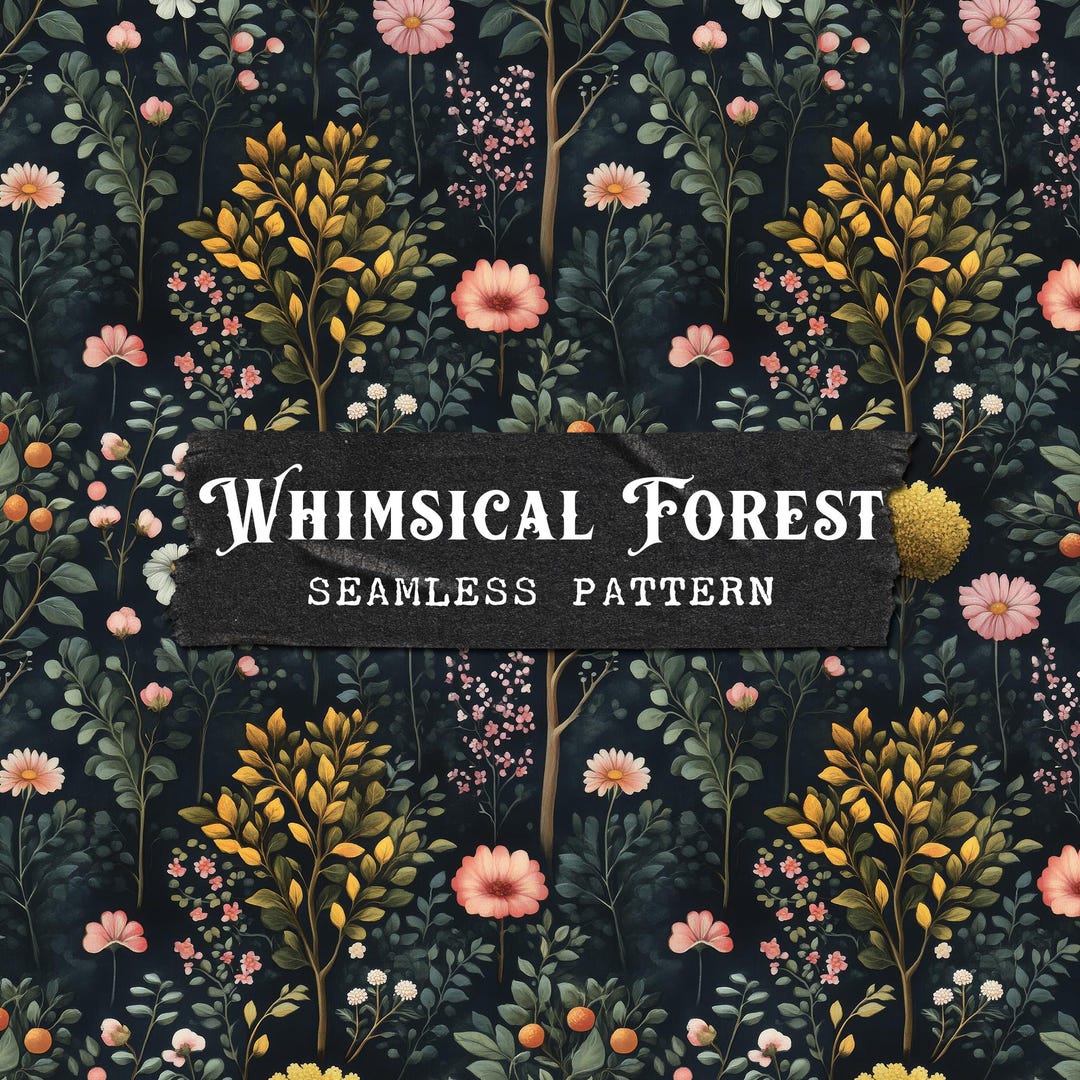 Whimsical Forest Seamless Pattern, Dark Cottagecore Botanical Digital ...