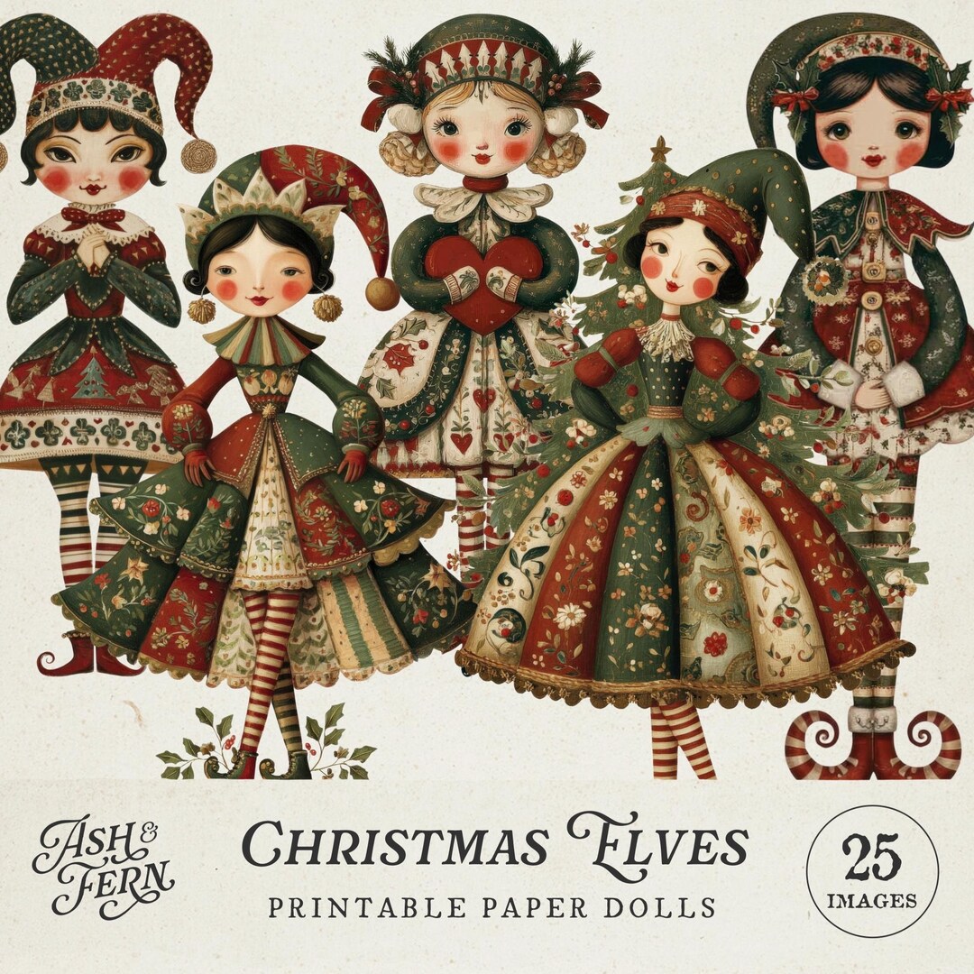 Christmas Elf Paper Dolls Printable Vintage Ephemera Cutouts Fussy Cuts ...