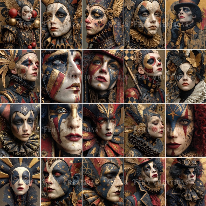 Dark Harlequin Jester Portrait Collage Sheet: Gothic Carnival Ephemera ...