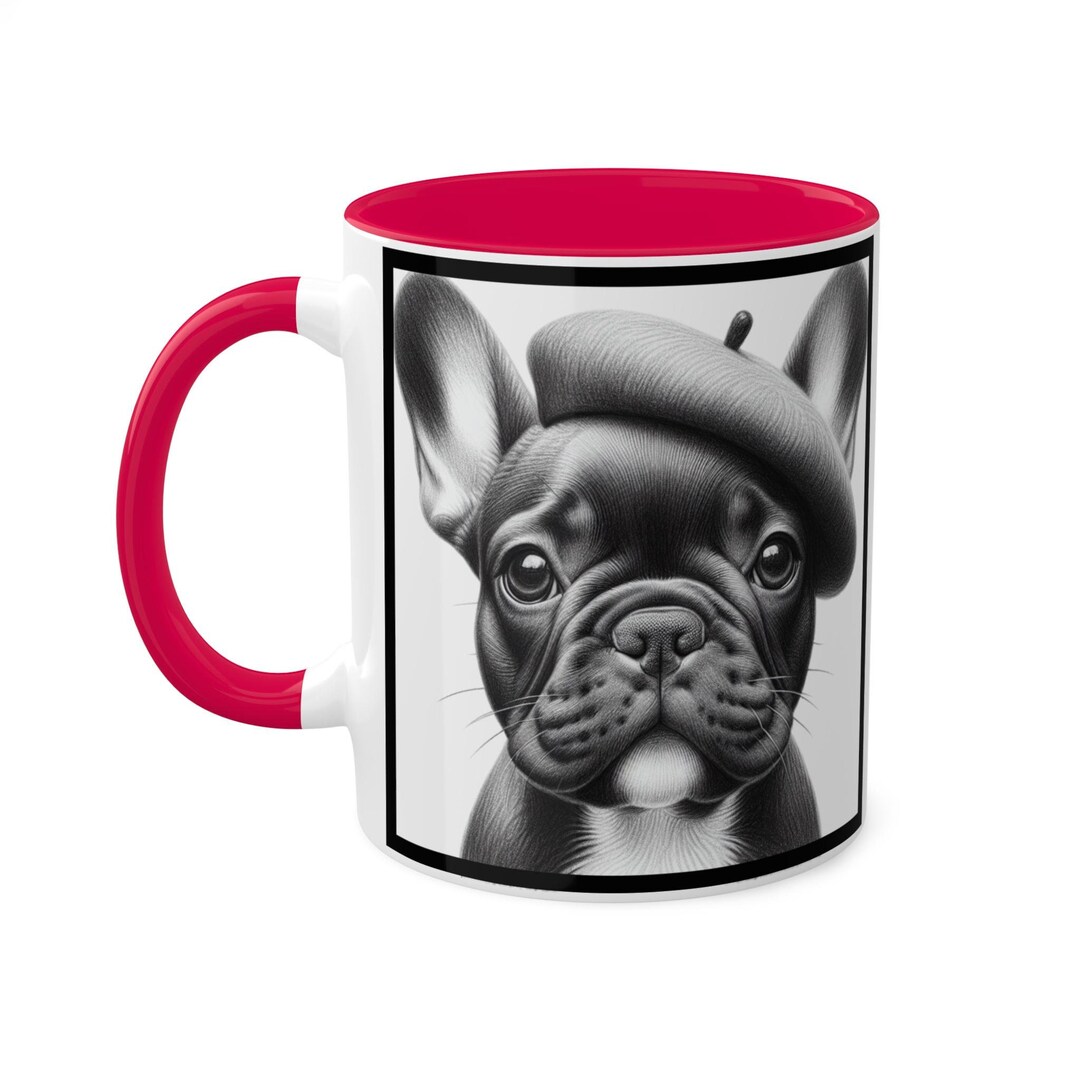 French Bulldog Beret Mug, Colorful Frenchie Cup, Vintage Black & White ...